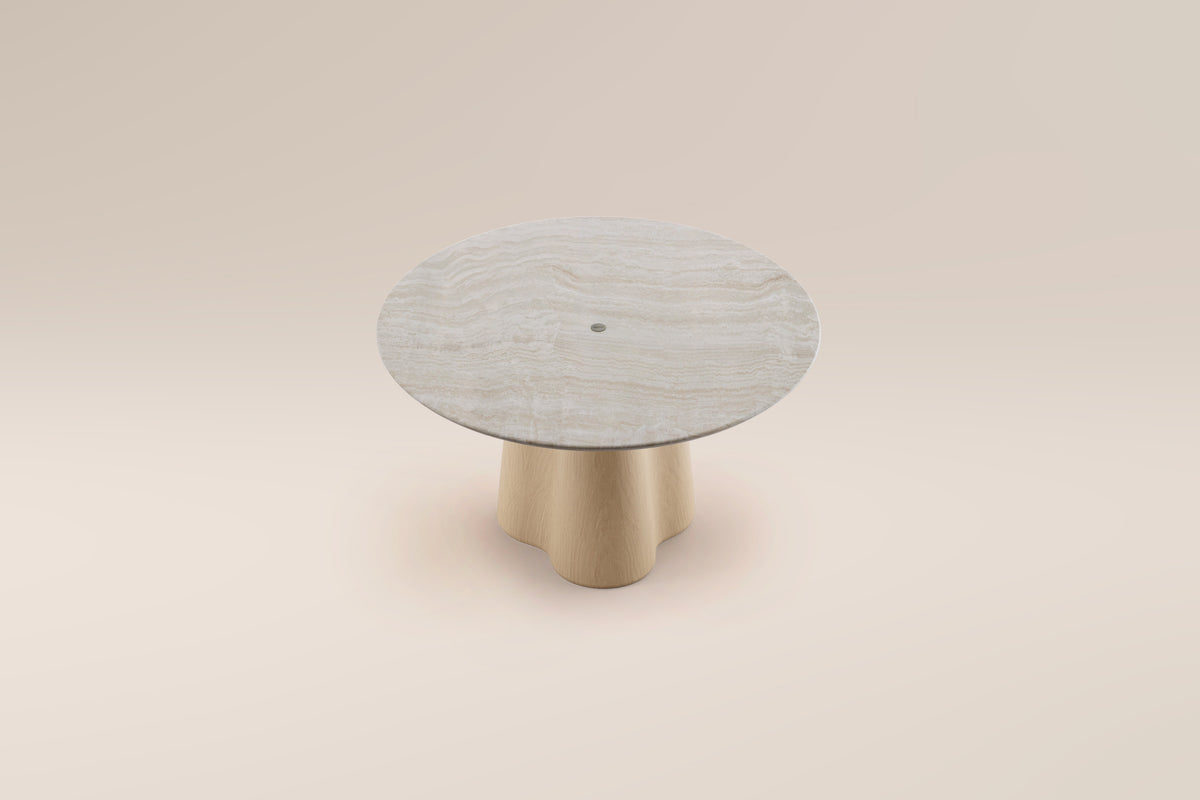 RAGNE ROUND TABLE - TRAVERTINE AND RAW OAK– Dara Maison