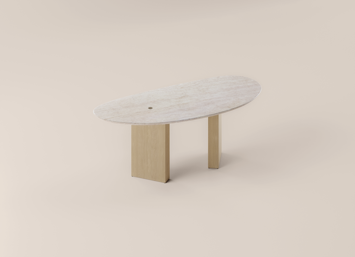 SAMANTHA DINING TABLE - TRAVERTINE AND RAW OAK– Dara Maison